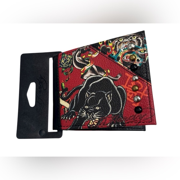 Ed Hardy | Bags | Ed Hardy Metal Stud Printed Bifold Wallet Black ...